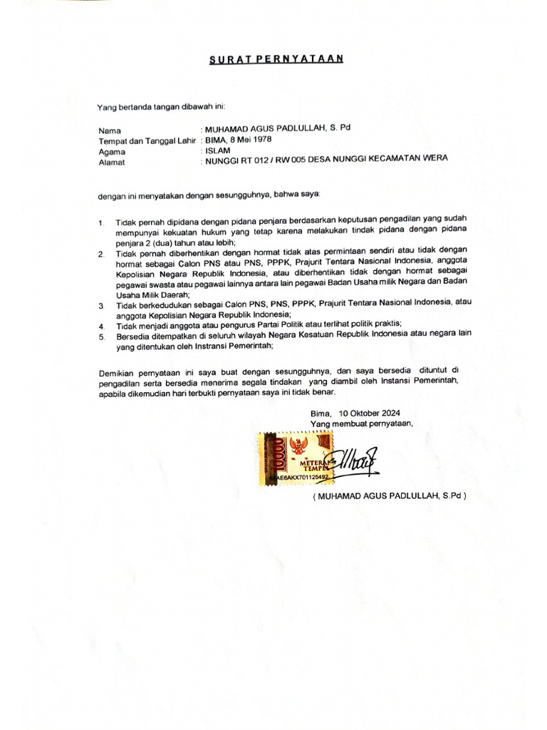 Surat Pernyataan Agus | PDF