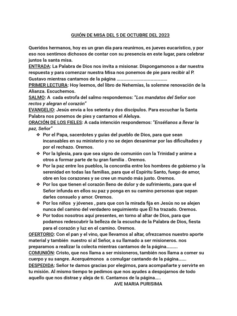 Guión de Misa Del 5 de Octubre Del 2023 | PDF | eucaristía