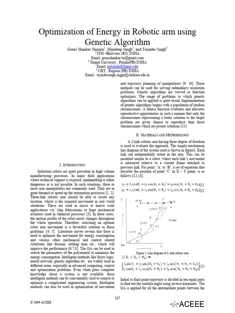 2010 - Optimization of Energy in Robotic Arm Using Genetic Algorithm - Shankar | PDF | Genetic ...