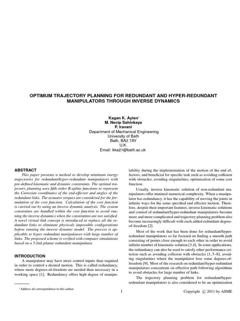 2011 Optimum Trajectory Planning For Redundant And Hyper Redundant Manipulators Through