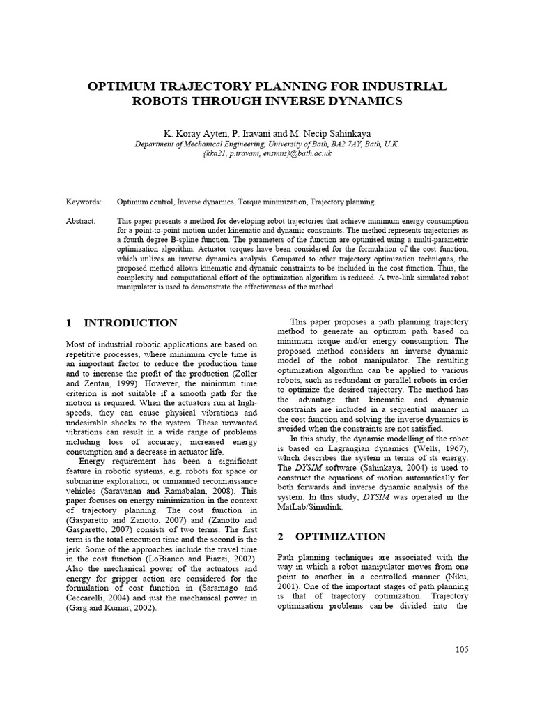 2011 - Optimum Trajectory Planning For Industrial Robots Through Inverse Dynamics - Ayten | PDF ...