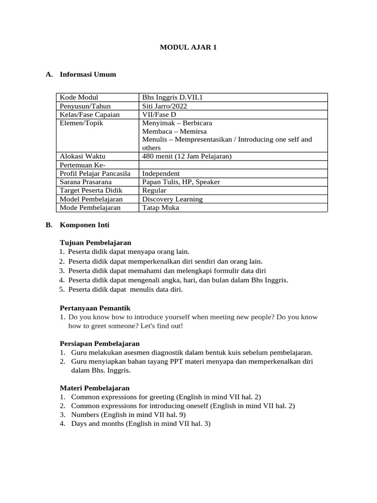 Bab 1 - Modul Ajar SMP Grade Vii | PDF