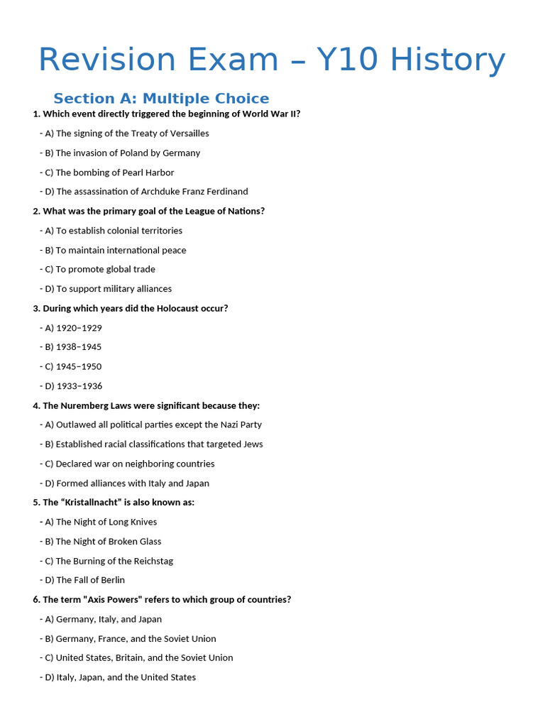 Year 10 History Revision Exam | PDF | World War II | Nazi Germany