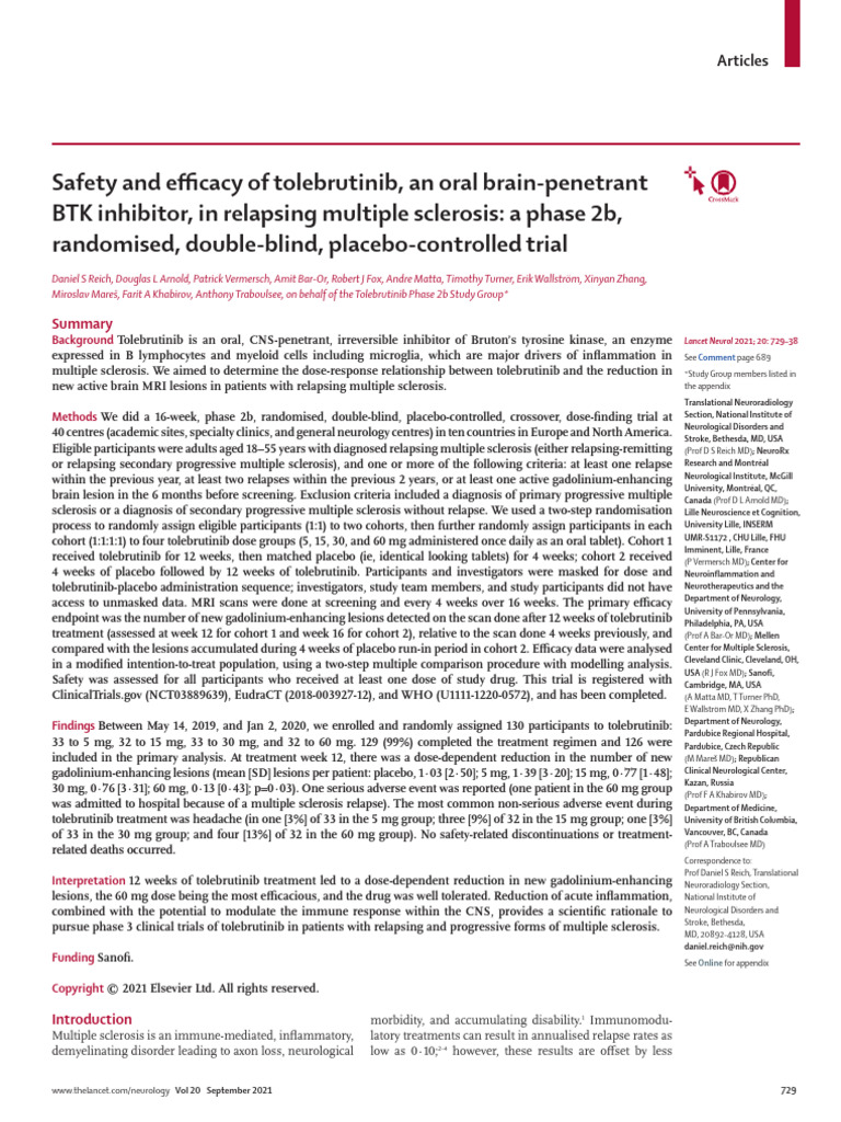 Lancet Neuro Tolebrutinib Ph2 | PDF | Multiple Sclerosis | Magnetic Resonance Imaging