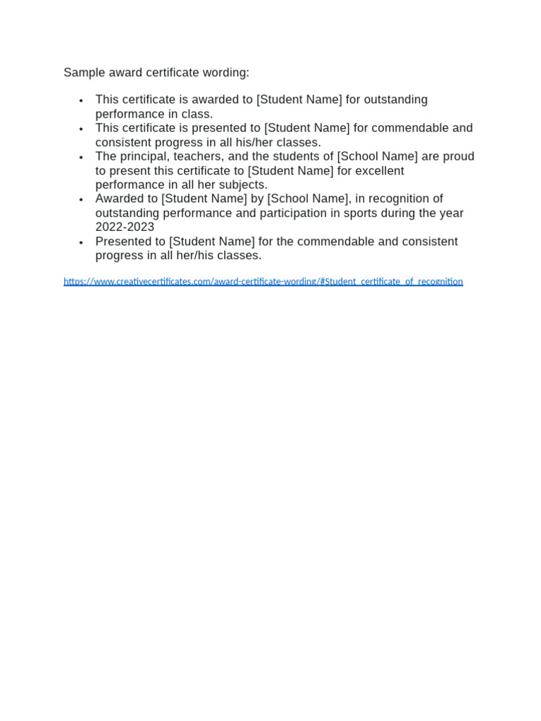 Sample Award Certificate Wording | PDF | Career & Growth
