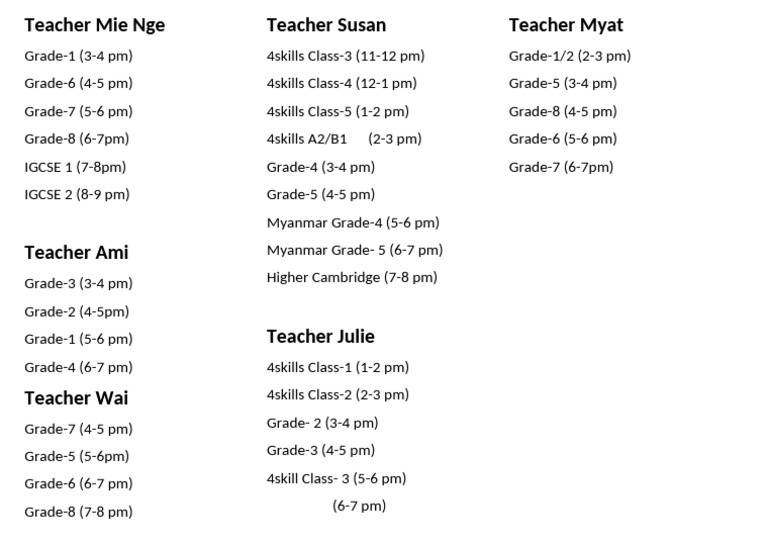 Teacher Mie Nge English Class Timetable 2021-2022 | PDF