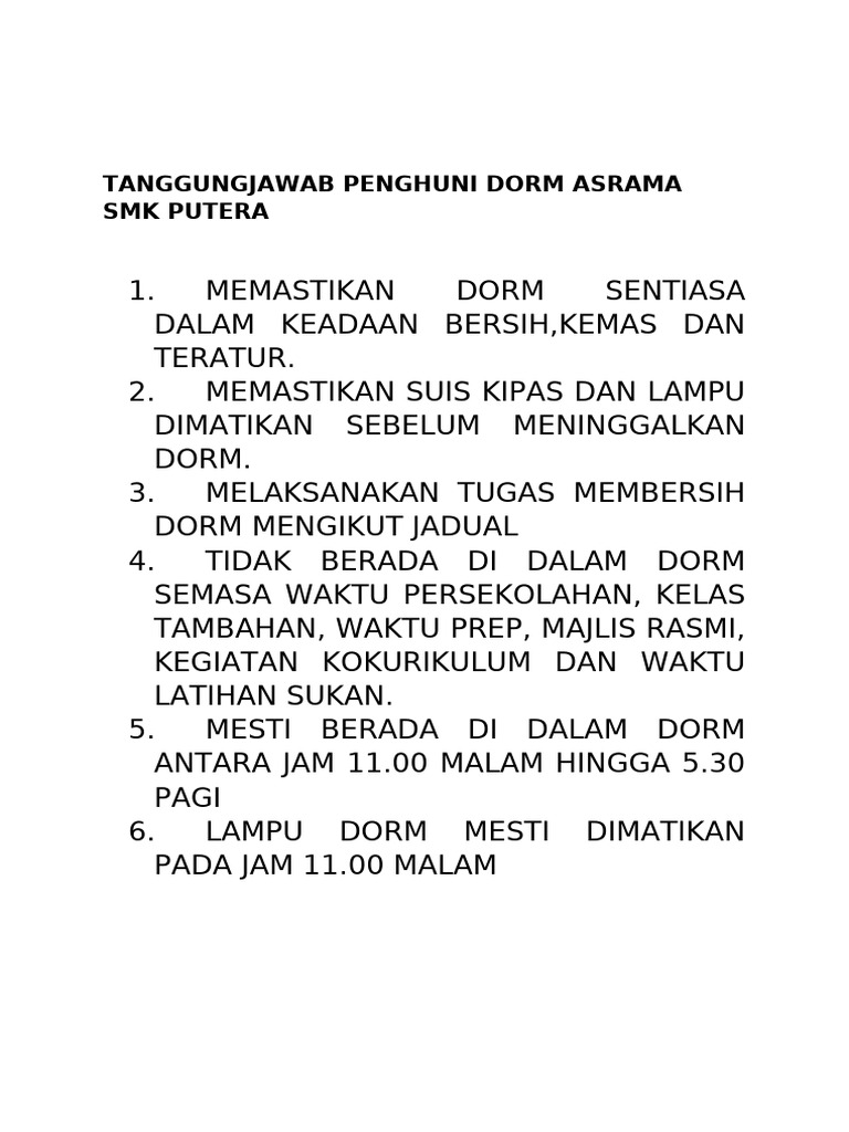 Tanggungjawab Penghuni Dorm Asrama SMK Putera | PDF