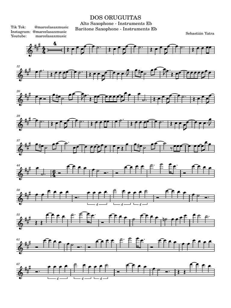 Sebastián Yatra - Dos Oruguitas Saxophone | PDF | Aerophones | Saxophone
