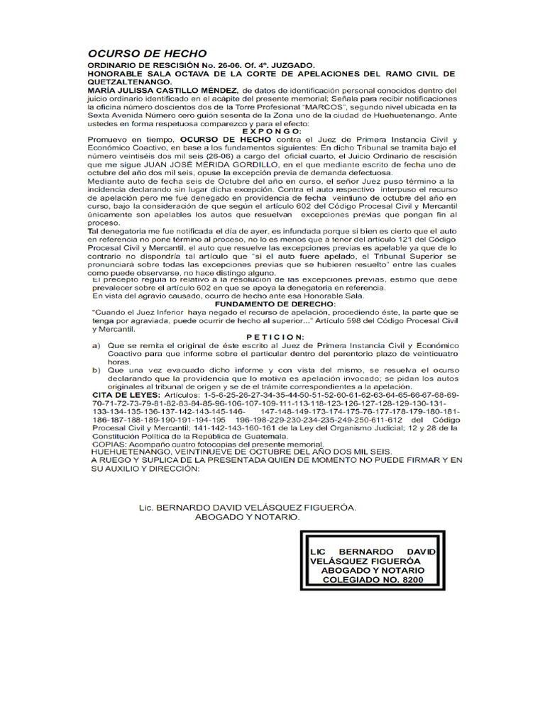 Ejemplo Ocurso de Hecho Civil | PDF