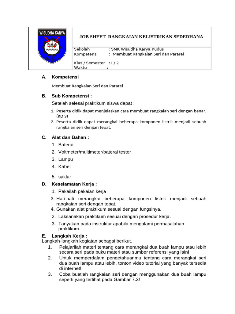 Job Sheet Rangkaian Kelistrikan Sederhana | PDF