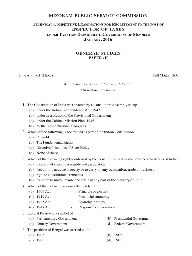 Mizoram Inspector of Taxes Exam 2016 | PDF | Government Budget Balance ...