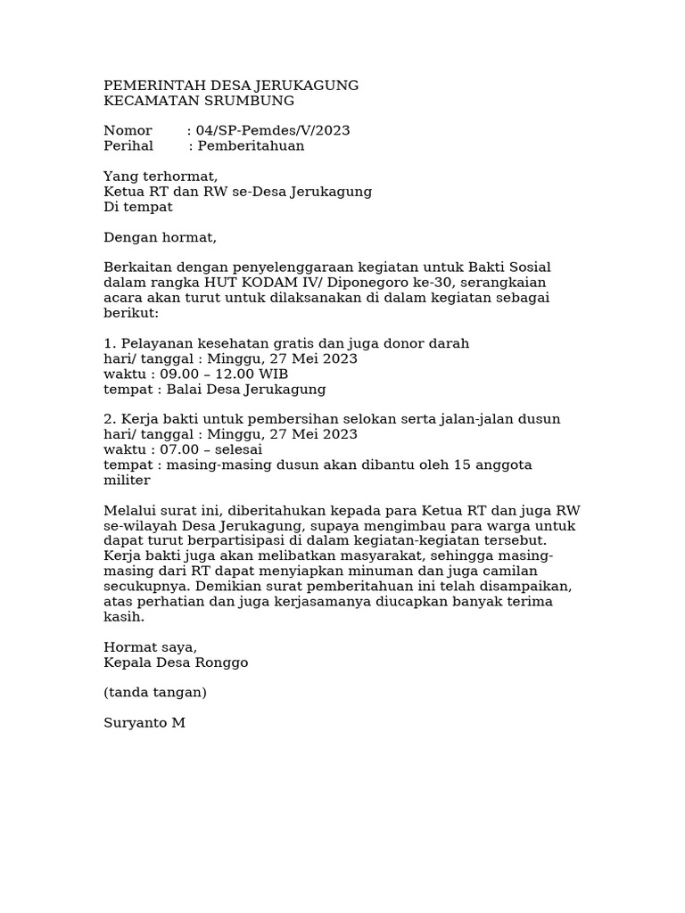Contoh SURAT Pemberitahuan Desa | PDF | Ilmu Sosial | Griya & Taman