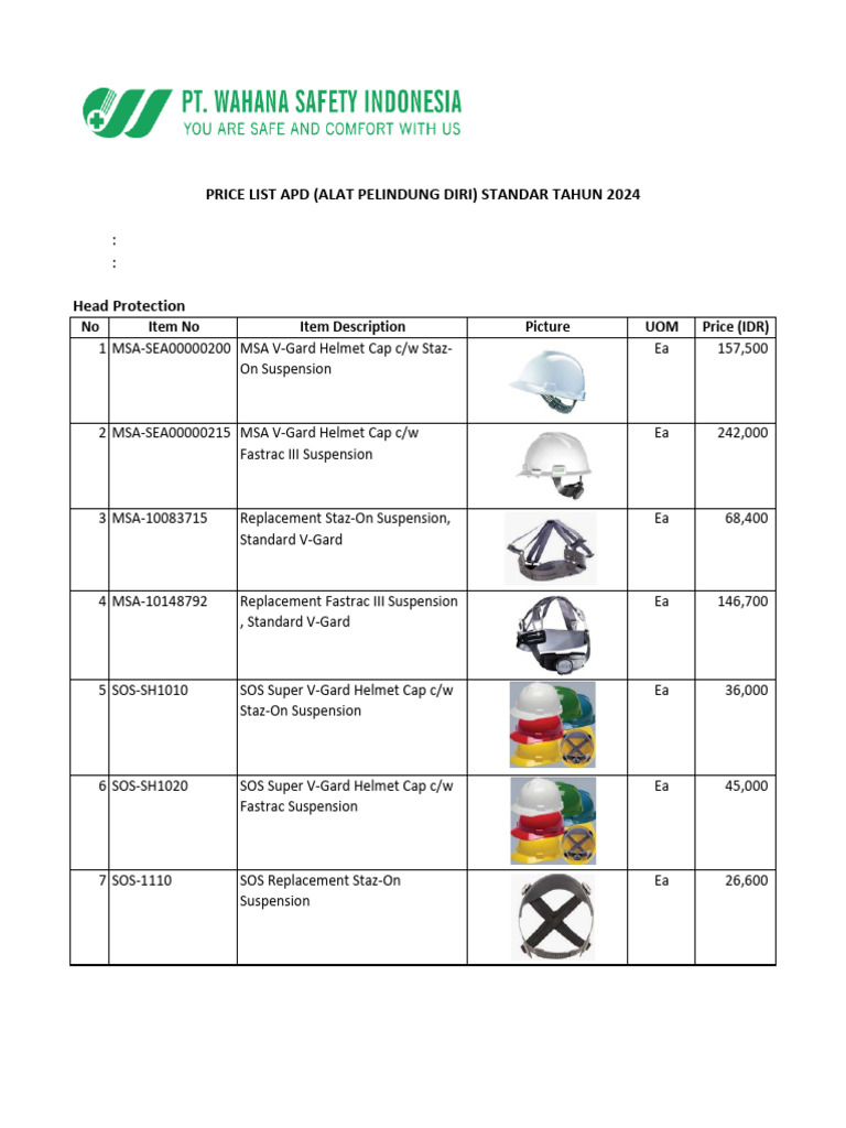 Price List 2024 APD Standar PT. Wahana Safety Indonesia | PDF | Glasses ...