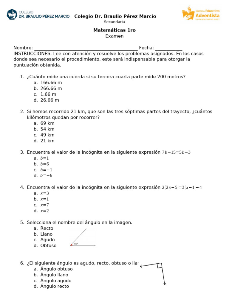Mate 1ro Examen Mayo | PDF
