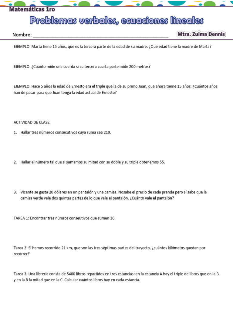 Problemas de Aplicación, Ecuaciones Lineales de Dos Pasos | PDF