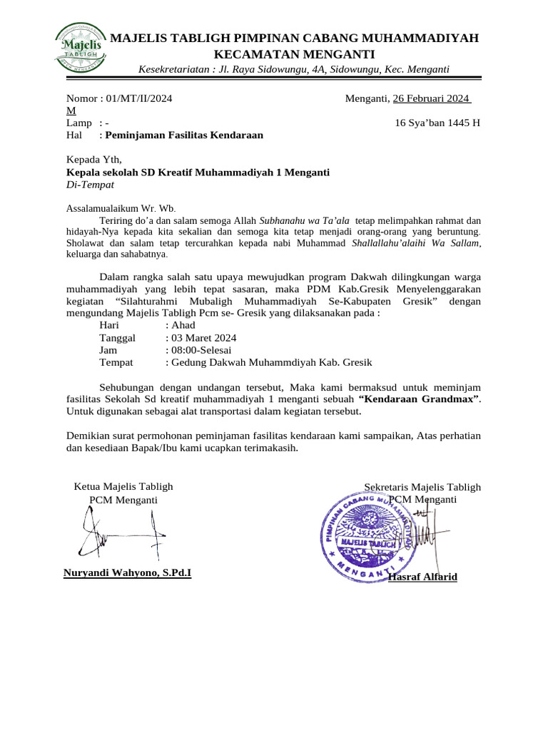 Surat Permohonanpeminjaman Pemuda Muhammadiyah | PDF | Pengelolaan ...