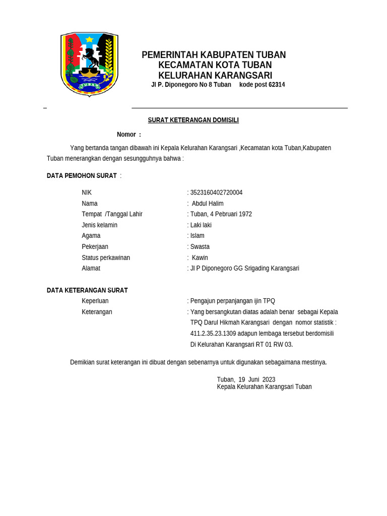 Surat Keterangan Domisili Lembaga TPQ - 101554 | PDF