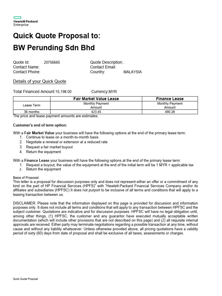 Quick Quote Proposal To: BW Perunding SDN BHD | PDF | Lease | Market Value