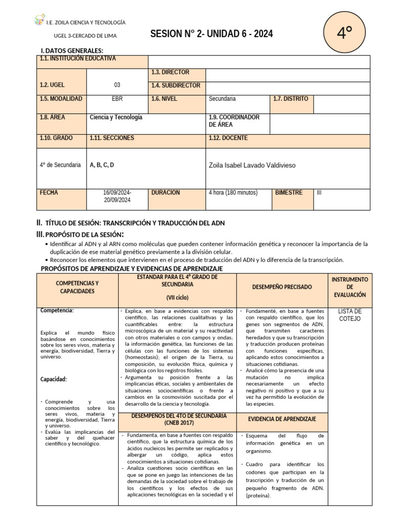 4°sec - UNIDAD 6 - SESIÓN Act. 2 - Transcripción y Traducción Del ADN | PDF | Adn | Genética
