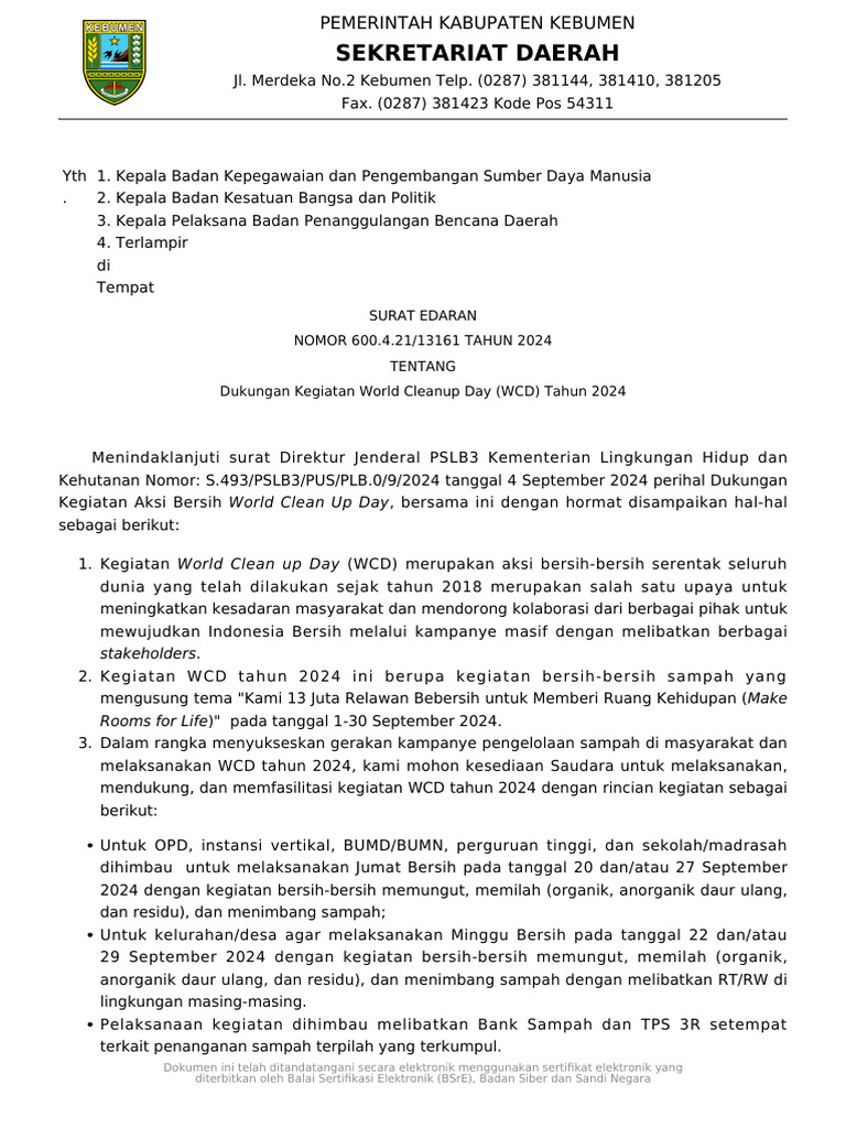 Lampiran - Permohonan Dukungan Kegiatan World Cleanup Day (WCD) Tahun 2024 | PDF