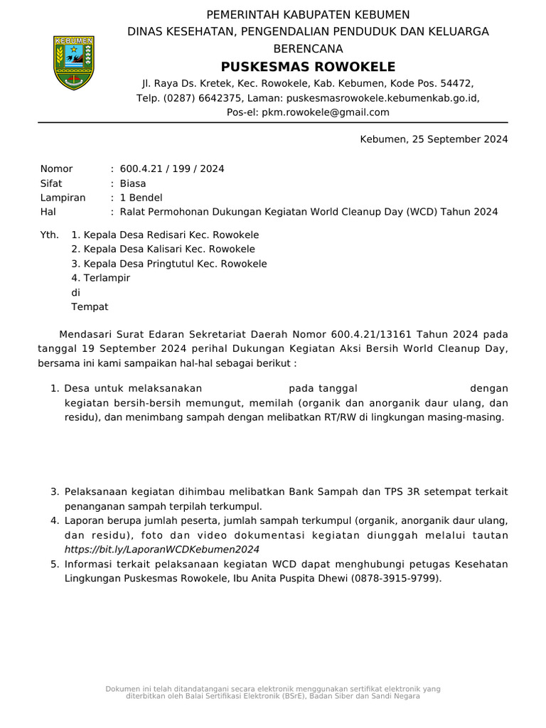 Ralat Permohonan Dukungan Kegiatan World Cleanup Day (WCD) Tahun 2024 | PDF | Griya & Taman ...