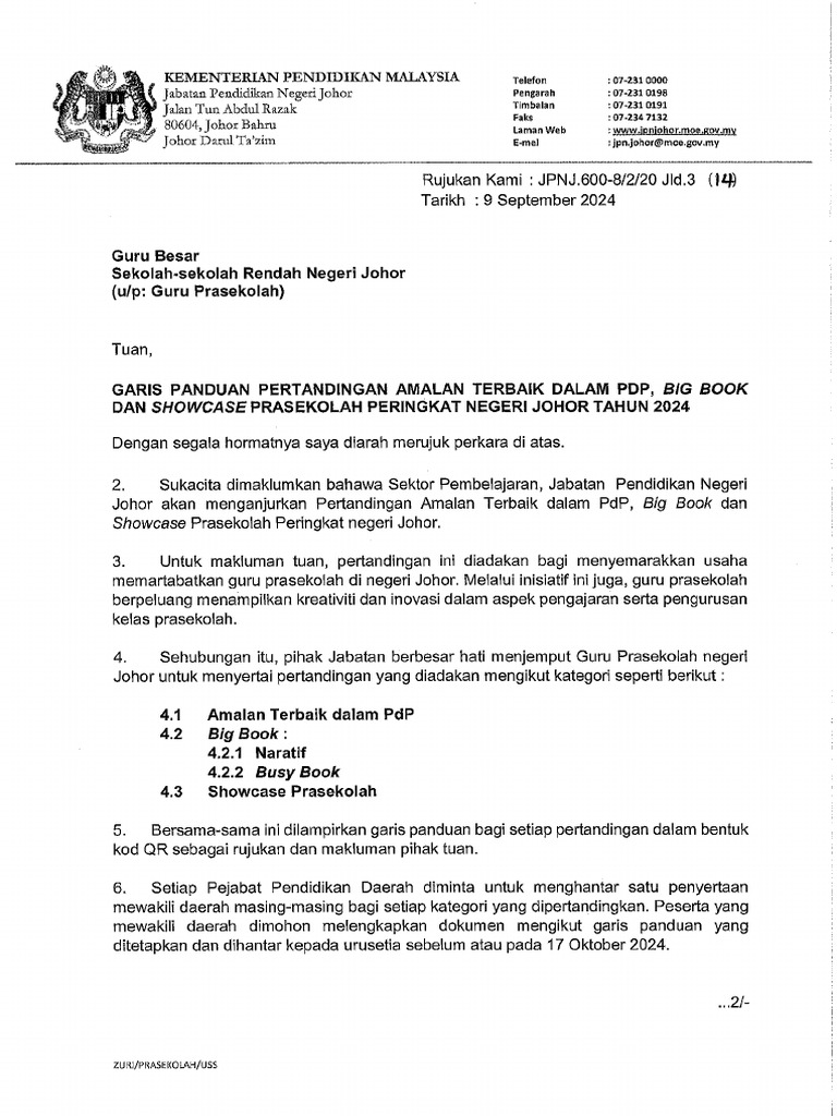 Garis Panduan Pertandingan Amalan Terbaik Prasekolah NG JHR 2024 | PDF