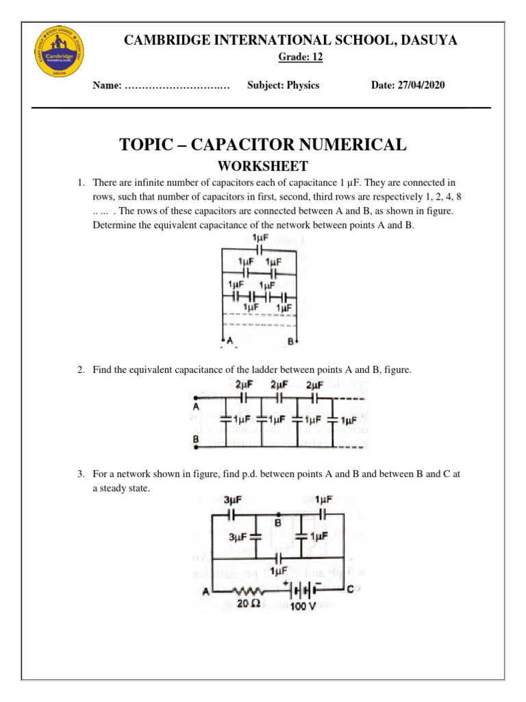Grade 12 Physics: Capacitor Worksheet | PDF