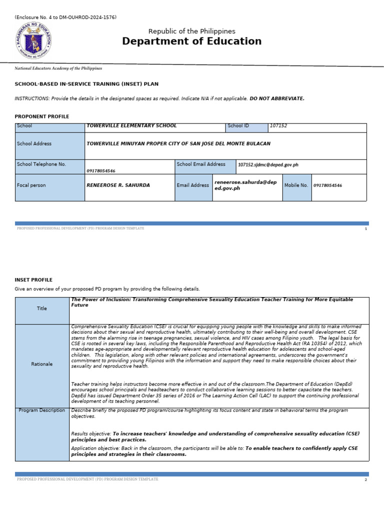 TES Enclosure No. 4 School Based INSET Plan | PDF | Learning | Menstruation