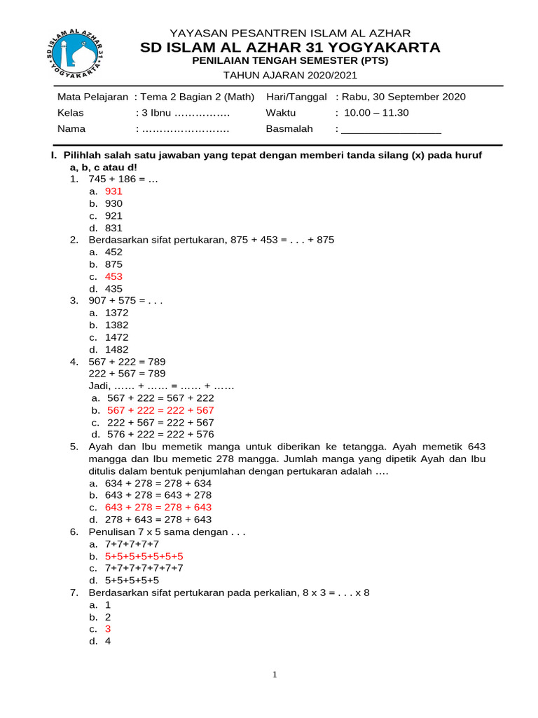Soal PTS Tema 2 MTK | PDF