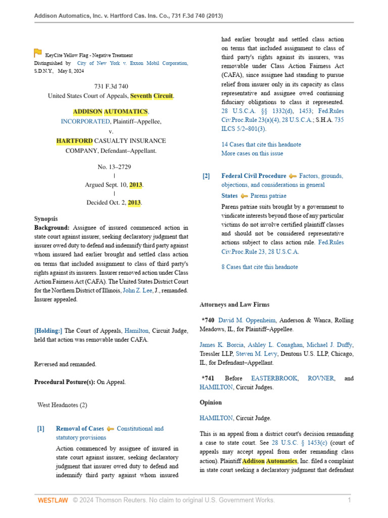 Addison Automatics Inc V Hartford Cas Ins Co | PDF | Class Action | Lawsuit