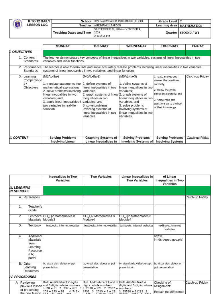 GRADE 8 MATH WEEK 2 | PDF | Variable (Mathematics) | Linear Programming