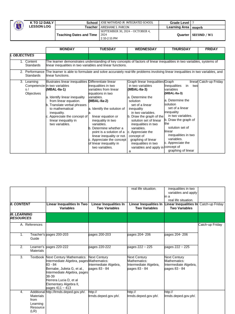 GRADE 9 MAPEH WEEK 2 | PDF | Variable (Mathematics) | Equations