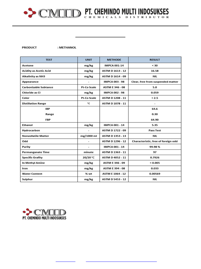 COA METHANOL | PDF | Organic Compounds | Chemical Compounds