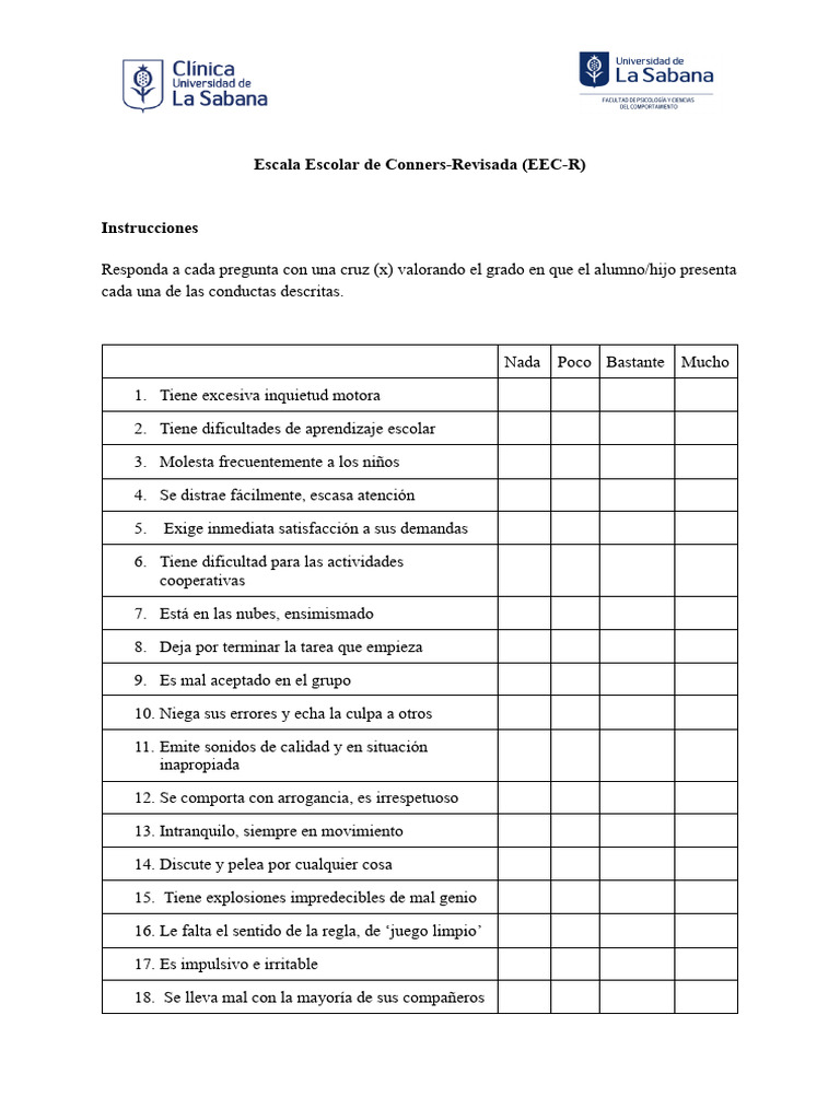 Escala Escolar de Conners-Revisada (EEC-R) | PDF