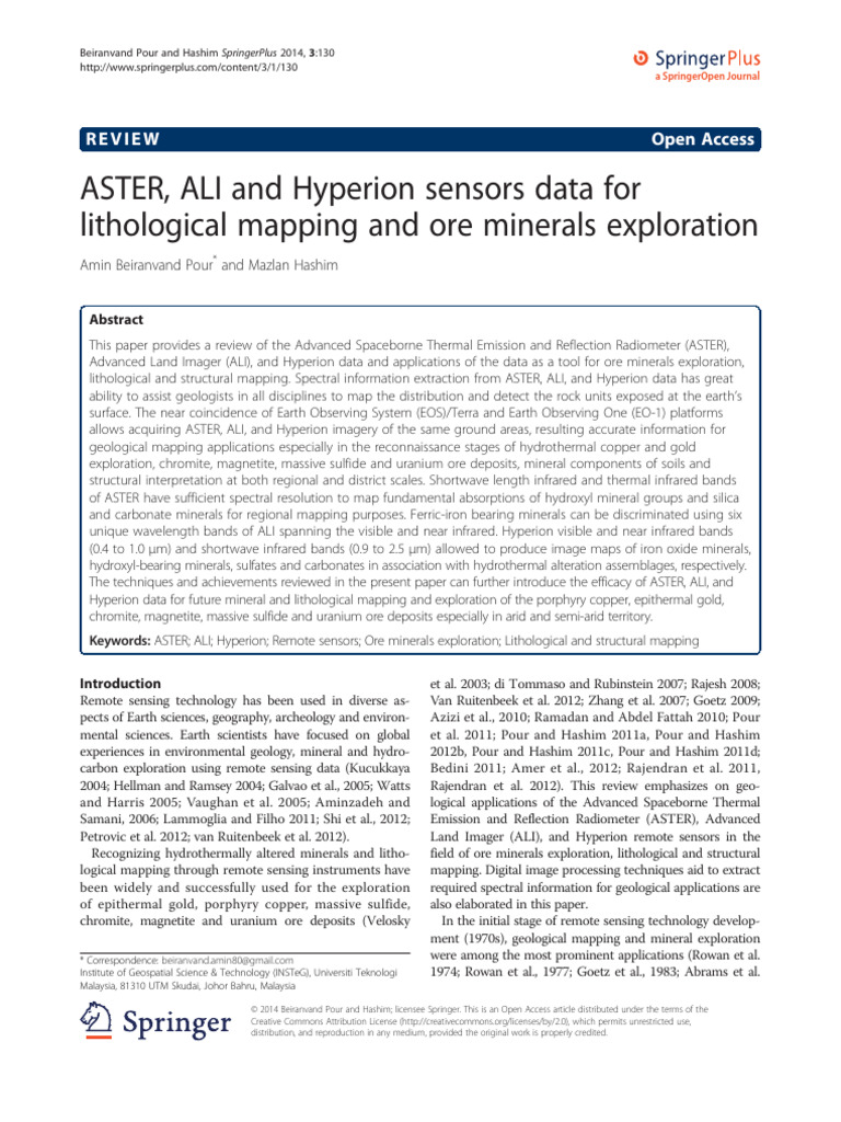 ASTER, ALI and Hyperion Sensors Data For Lithological Mapping and Ore ...