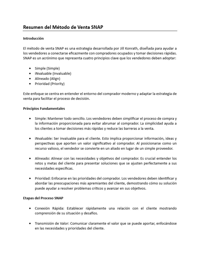 Resumen Del Método de Venta SNAP | PDF | Cliente | Economias