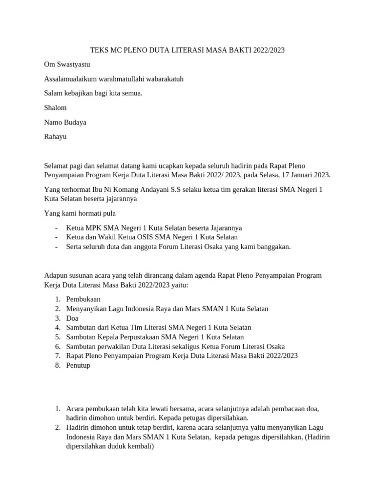Teks MC Pleno Duta Literasi | PDF | Seni