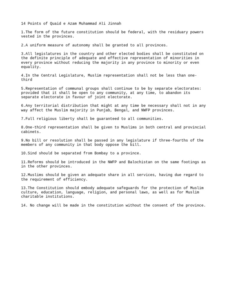 14 Points of Qaid e Azam Muhammad Ali Jinnah | PDF