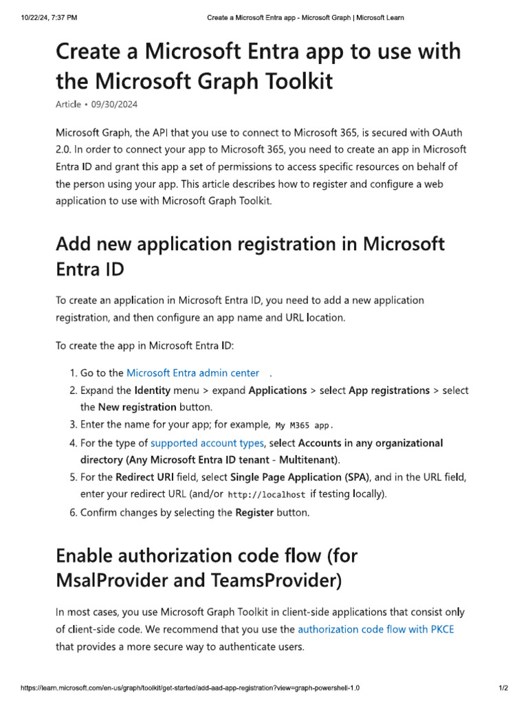 Create a Microsoft Entra App to Use With the Microsoft Graph Toolkit | PDF