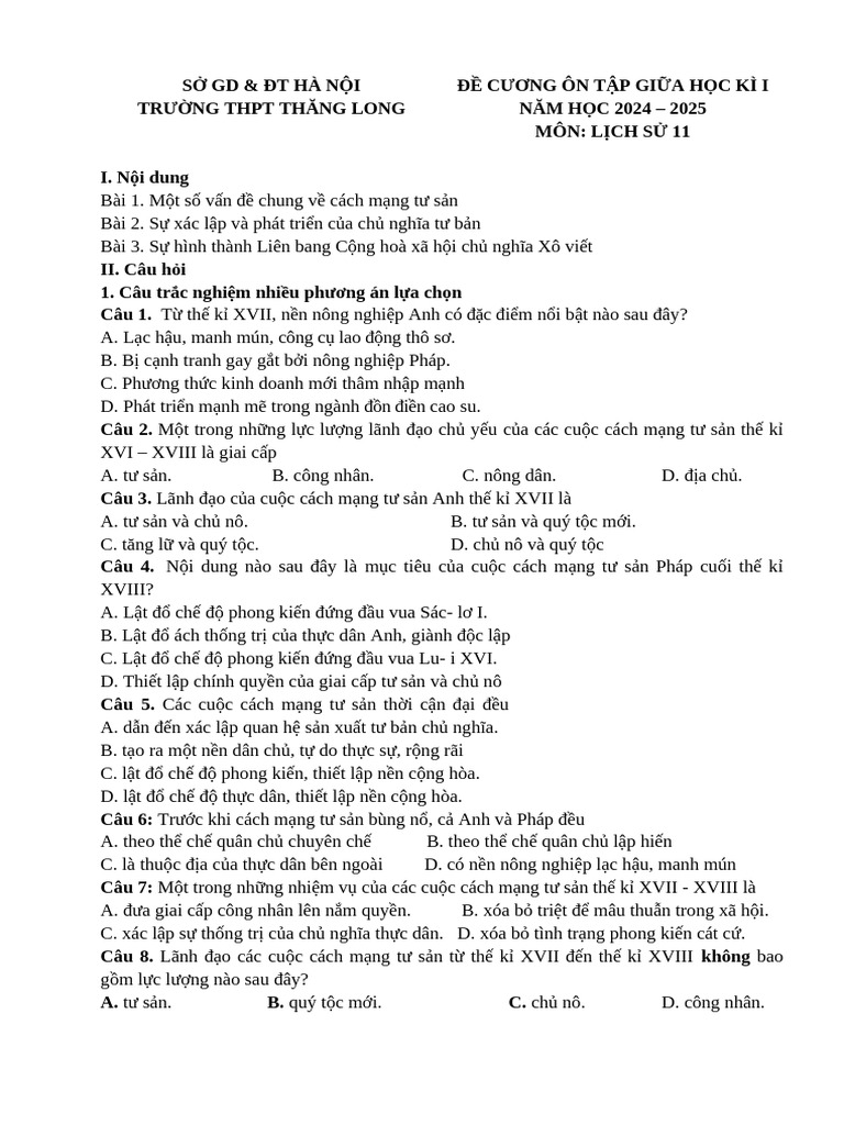 De Cuong On Tap Giua HK I - Su 11 - HS | PDF