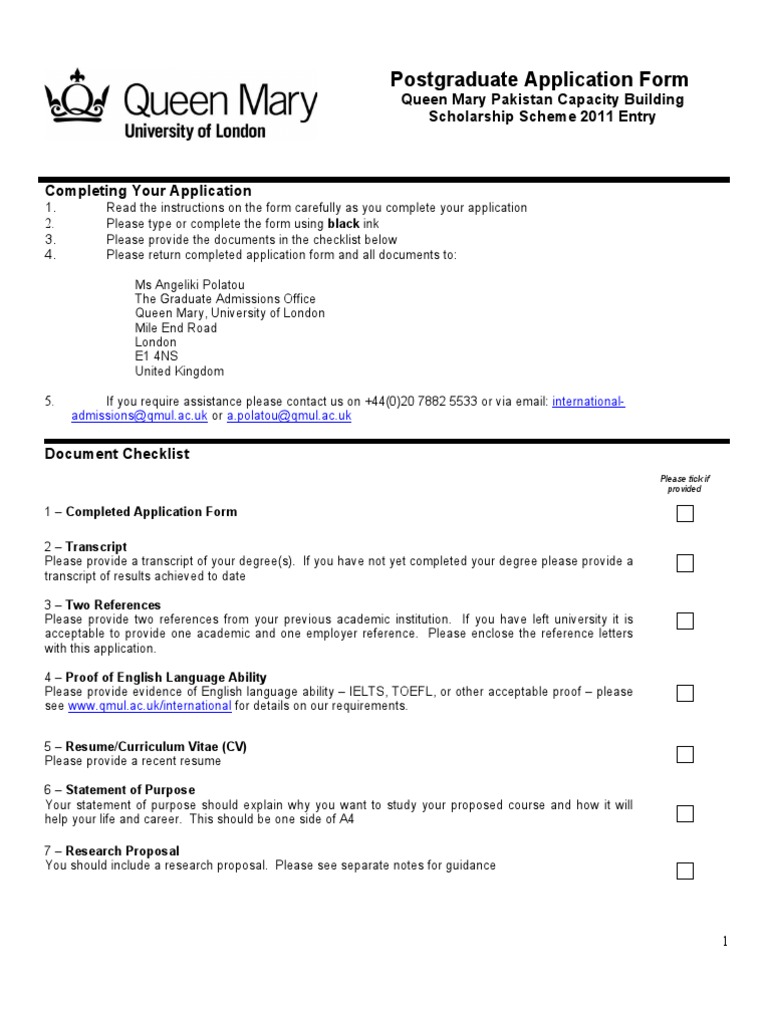 Postgraduate Application Form: Queen Mary Pakistan Capacity Building ...