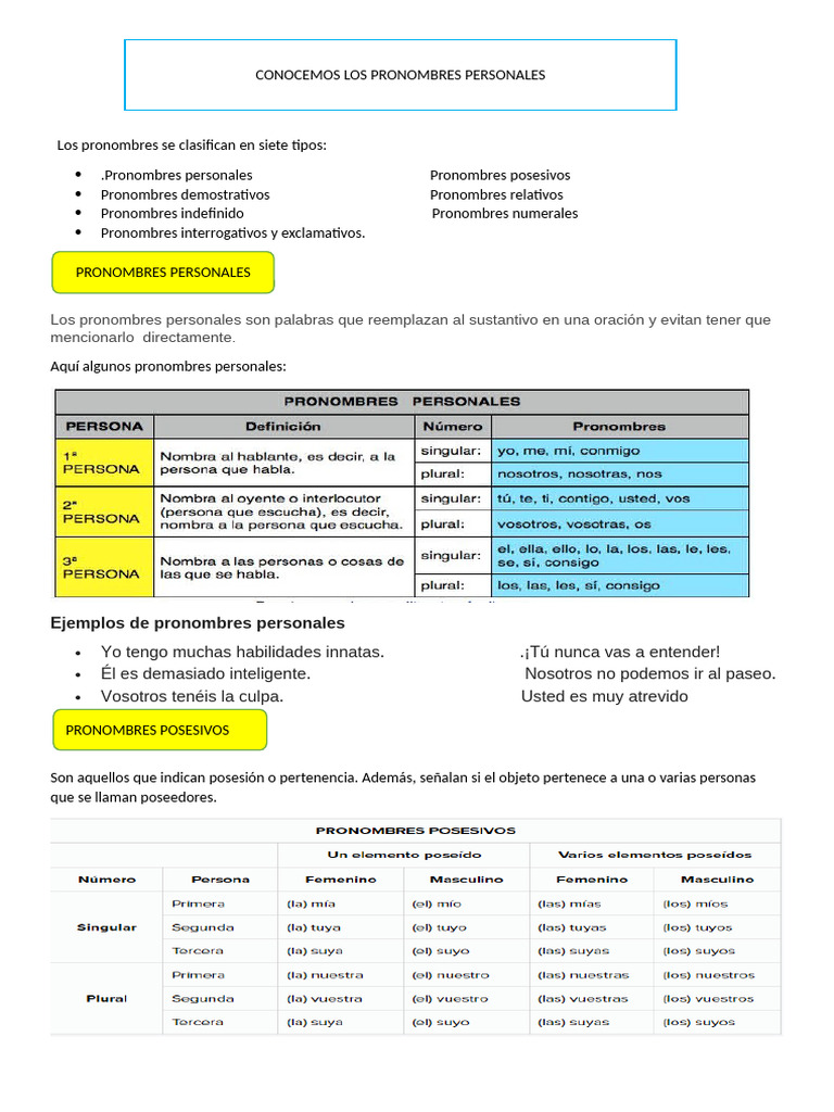 CONTINUAMOS APRENDIENDO SOBRE LOS PRONOMBRES | PDF | Pronombre ...