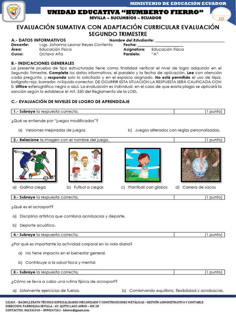 EVA - 2do - TRIMESTRE - EDUC - FÍSICA - 8°-2023-NEE | PDF | Evaluación