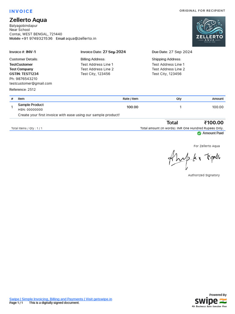 Invoice-Zellerto Aqua-INV-1 | PDF