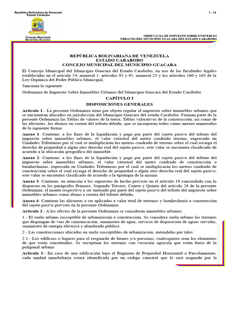 Ordenanza de Impuesto Inmuebles Guacara | PDF | Impuestos | Propiedad
