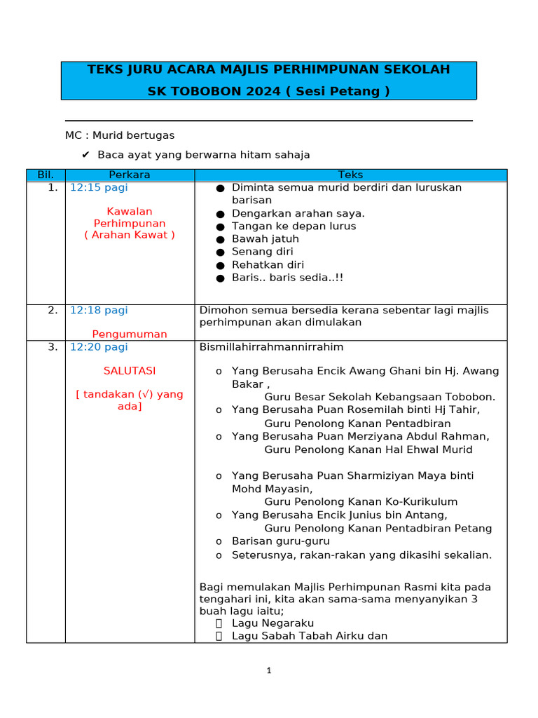 Teks Juru Acara Majlis Perhimpunan Sekolah 2024 15 04 2024 | PDF