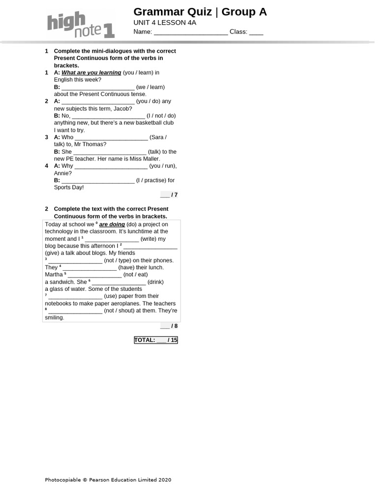 HighNote1 Grammar Quiz Unit04A GroupA | PDF
