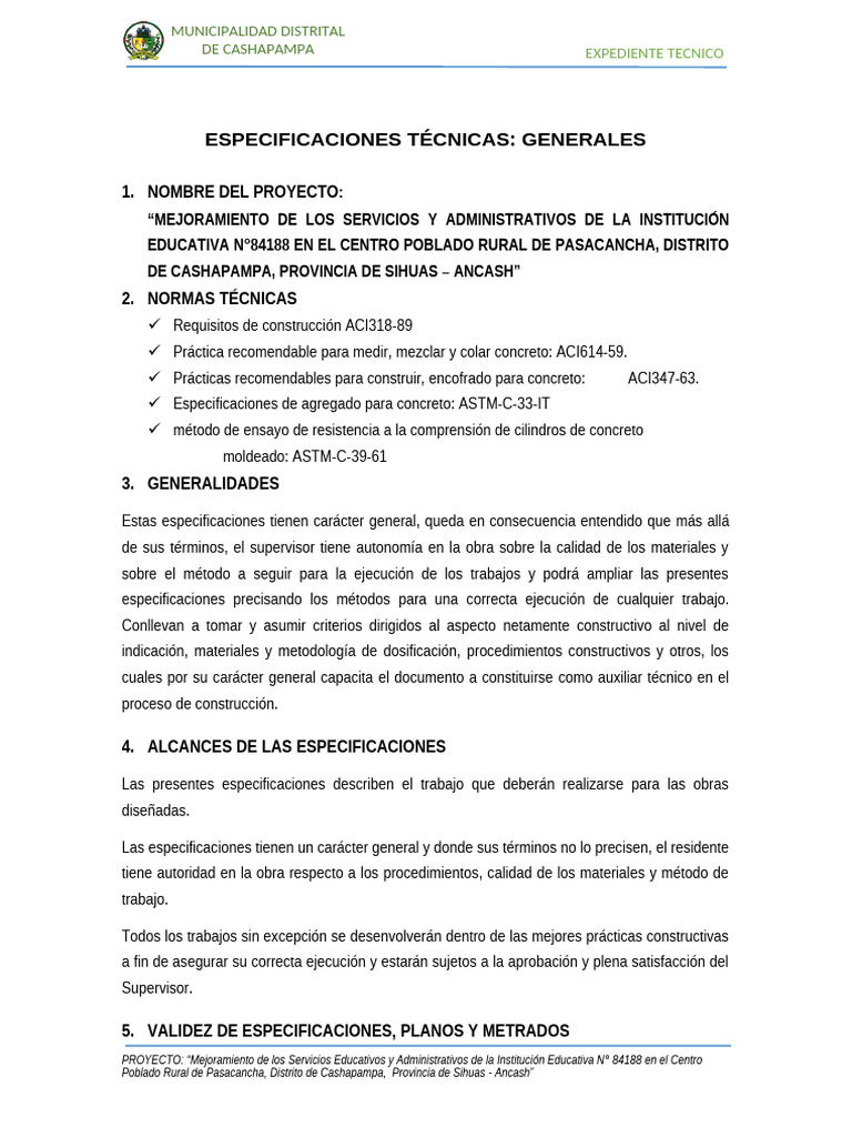 ESP. TECNICAS -GENERALES | PDF | Contratista general | Hormigón