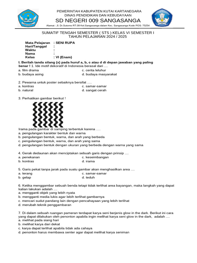 Soal PTS-STS Seni Rupa Kelas 6 Semester 1 Kurikulum Merdeka | PDF | Metode & Bahan Ajar | Seni