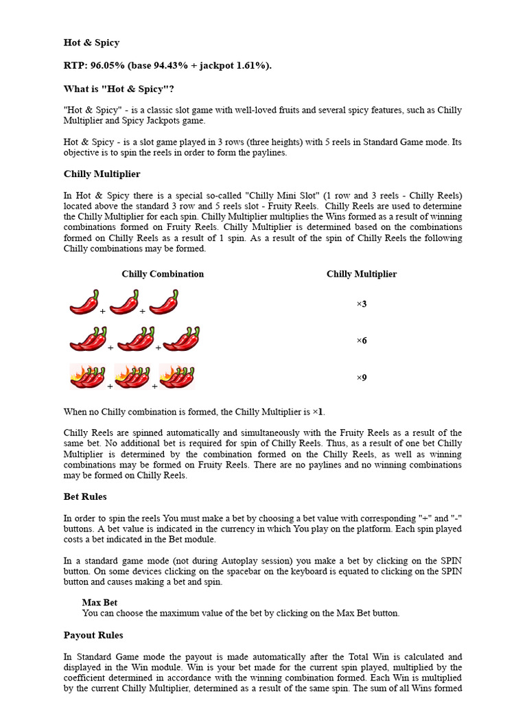 Hot & Spicy RTP: 96.05% (Base 94.43% + Jackpot 1.61%) - What Is "Hot & Spicy"? | PDF | Slot ...